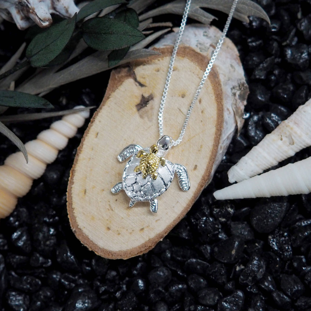 Sterling Silver Mother and Baby Turtle Pendant Necklace, 16+2" Extende ...