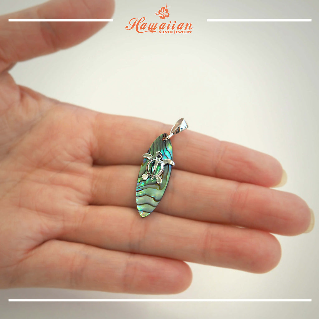 Sterling Silver Abalone Shell Surfboard Turtle Pendant Necklace, 16+2 ...