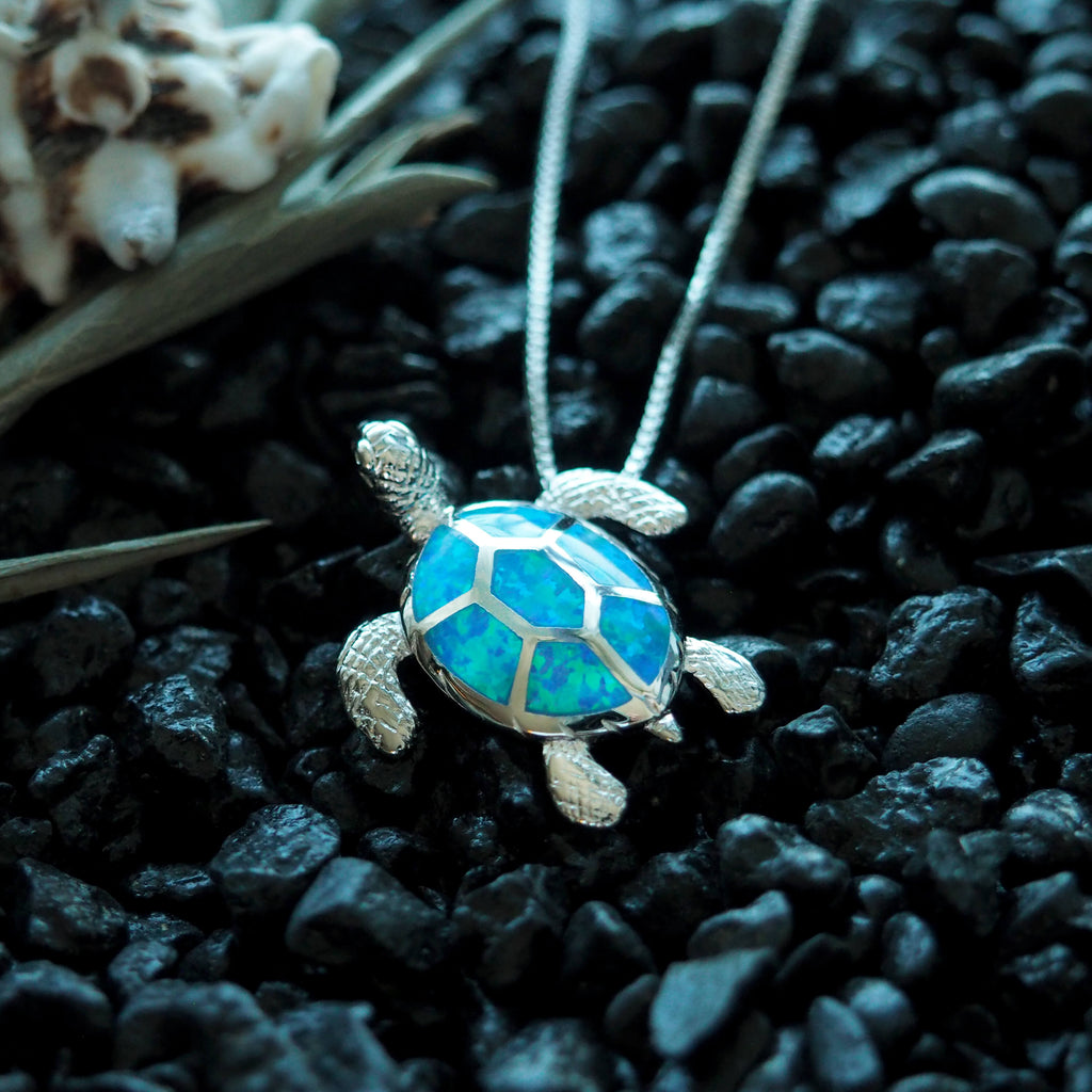 Sterling Silver Synthetic Blue Opal Turtle Pendant Necklace – Hawaiian ...